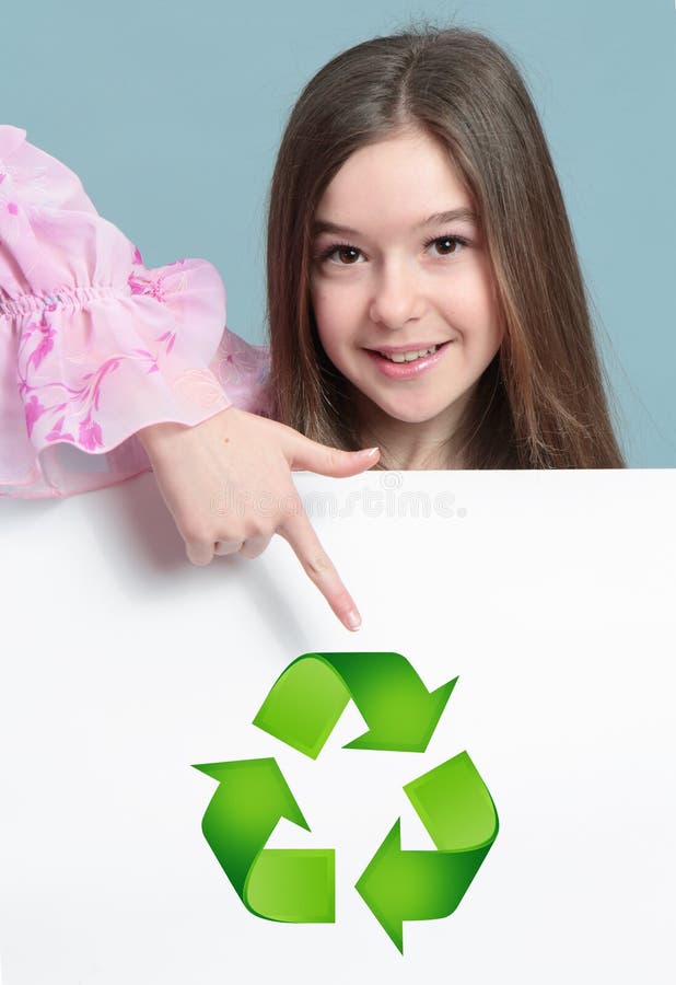 Recycling: Woman in Forest with Recycle Sign Stock Photo - Image of ...