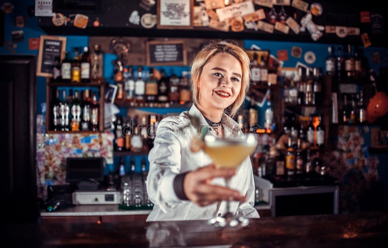 Girl Bartender Makes a Cocktail in the Pothouse Stock Image - Image of ...