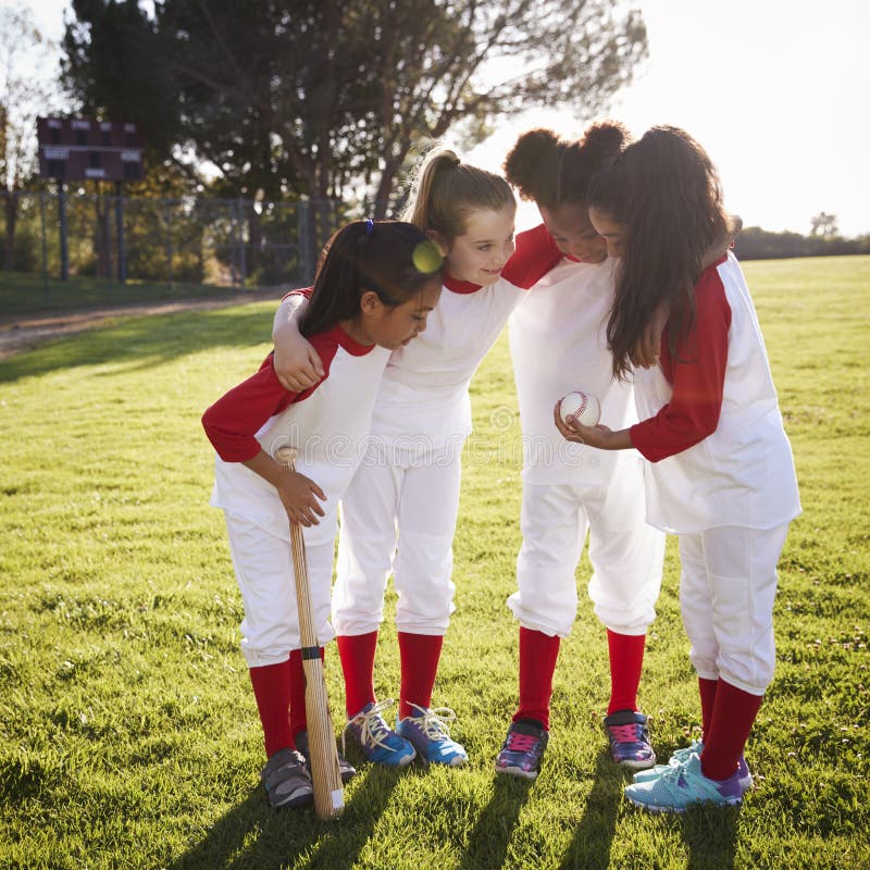 Girl Baseball Team in a Team Huddle, Motivating before Game Stock Image ...