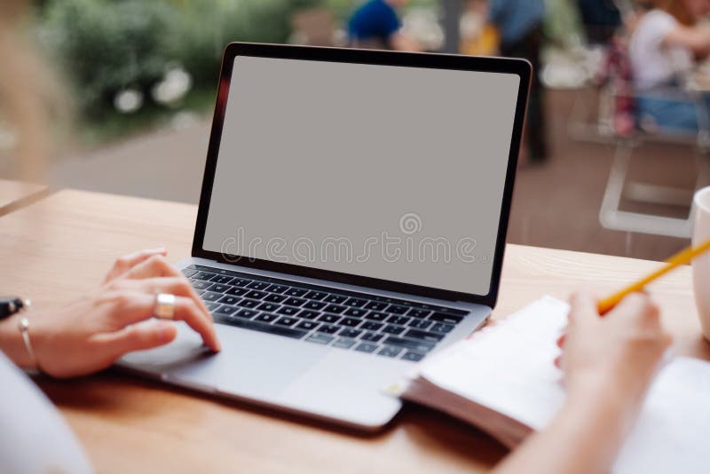 Girl Behind Working Behind Laptop with Blank Screen Stock Photo - Image ...