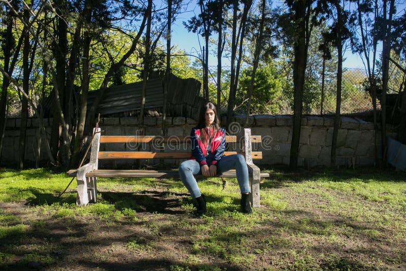 Girl in a bench stock image. Image of beauty, white, park - 80958817