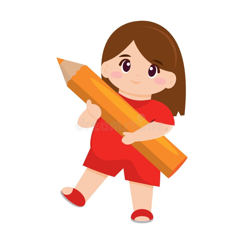 Girl with Big Pencil. Vector Stock Illustration - Illustration of cute ...