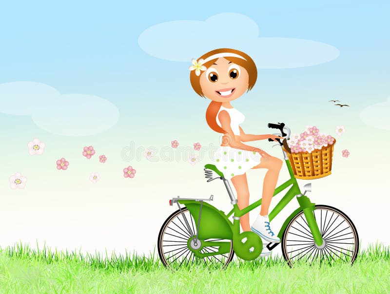 Spring Girl on bike stock vector. Illustration of cartoon - 34558193