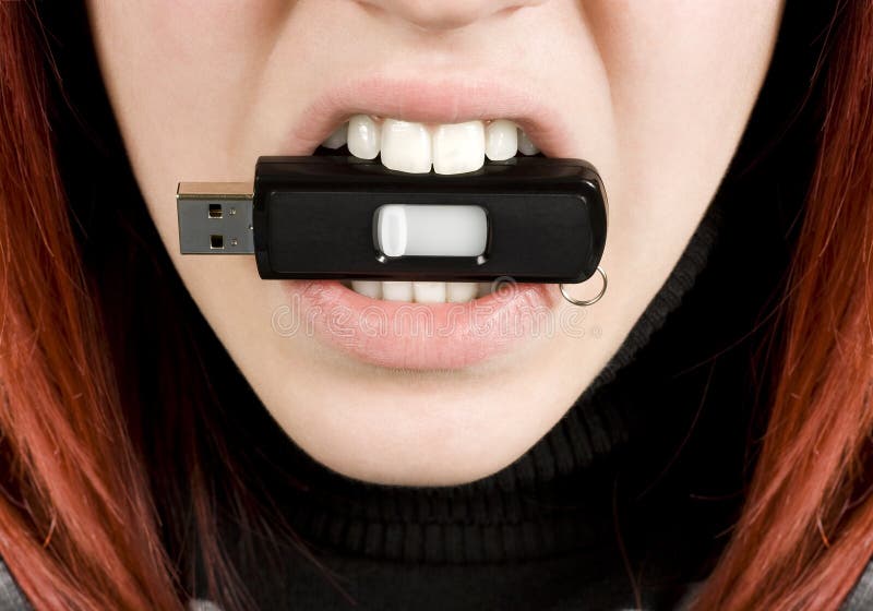 Girl Biting an Usb Flash Drive Stock Photo - Image of medium, memory ...