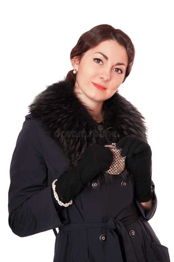 Girl in a Black Coat Holding Purse Stock Photo - Image of isolated ...