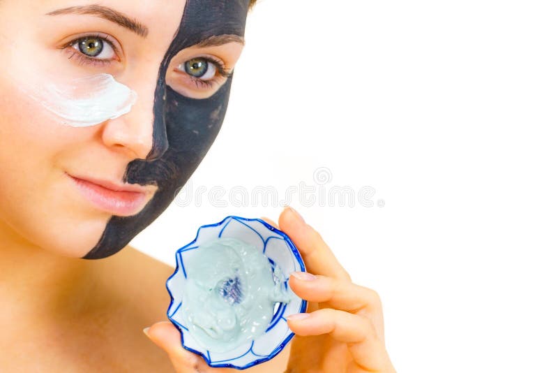 Girl Black Mask on Half Face Apply White Mud Stock Photo - Image of ...