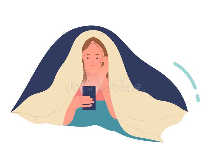 Girl with Blanket on Head Holding Mobile Phone, Insomnia at Night Stock ...