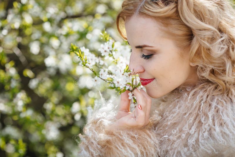 Girl in Blooming Tree Enjoying the Smell of Spring. Stock Photo - Image ...
