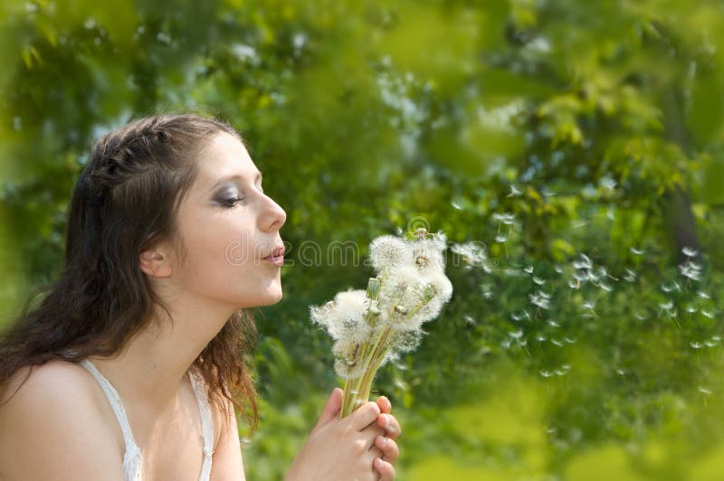 Girl Blowing on a Dandelion Stock Photo - Image of narrow, blowing ...