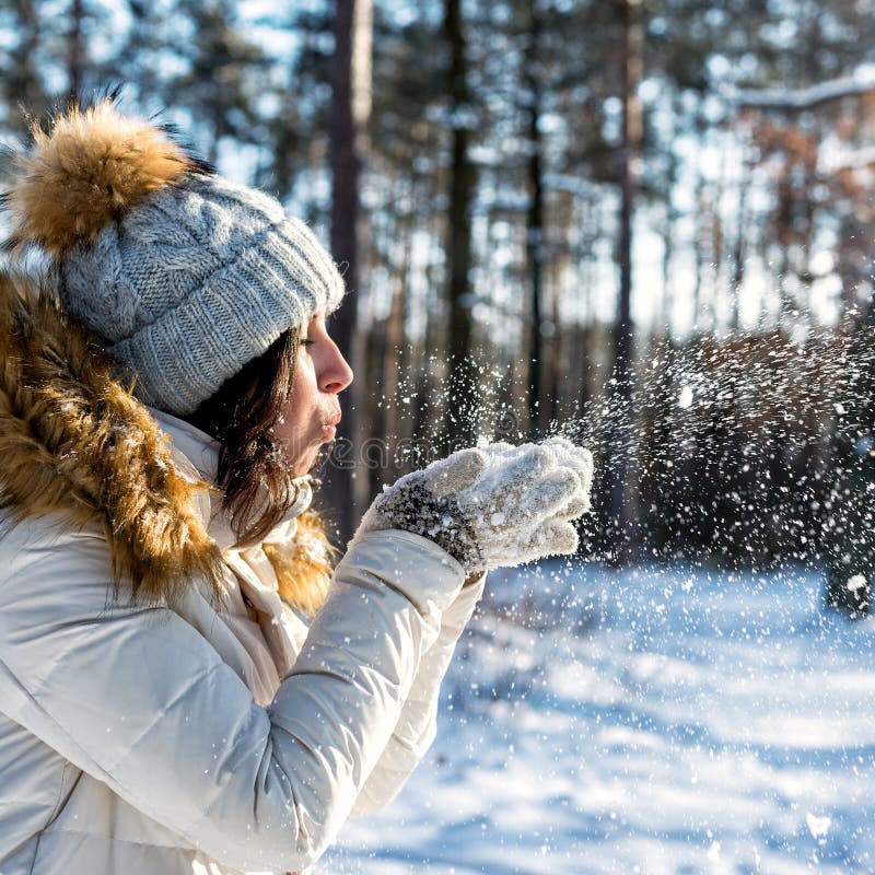 Girl Blowing Snow in Forest Sunny Day. Stock Photo - Image of joyful, motion: 302888178