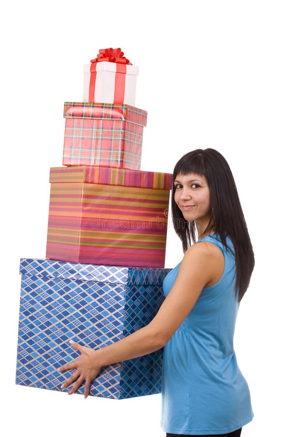 Girl in Blue with Group Gift Box Stock Photo - Image of holiday ...