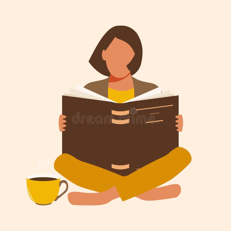 A Beautiful Brunette Female Student Sits with an Open Book and Reads ...