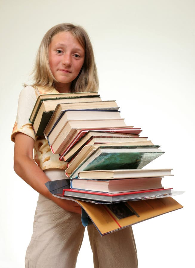 Girl and a Tall Stack of Books Stock Photo - Image of beautiful, happy ...