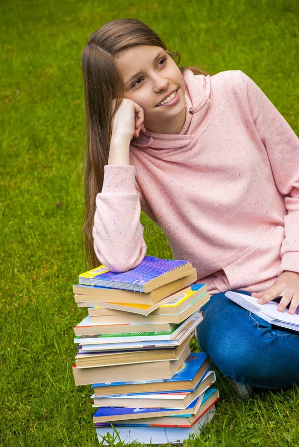 Girl with books stock photo. Image of girl, books, green - 55004152