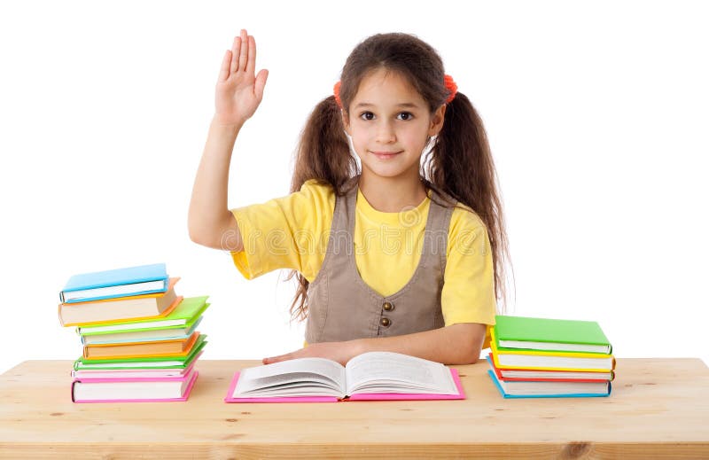 Girl with Books and Raises His Hand Up Stock Image - Image of back ...