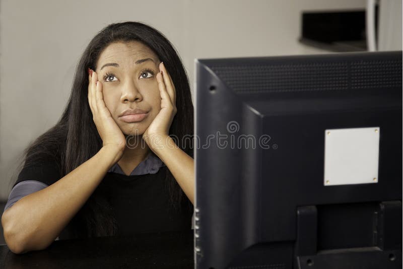 Girl bored at computer. stock image. Image of desk, travel - 15357143