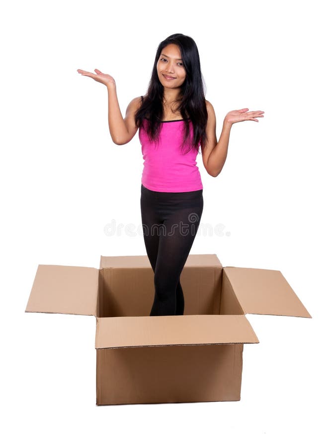 Girl in a cardboard box stock image. Image of asian, lying - 45120993