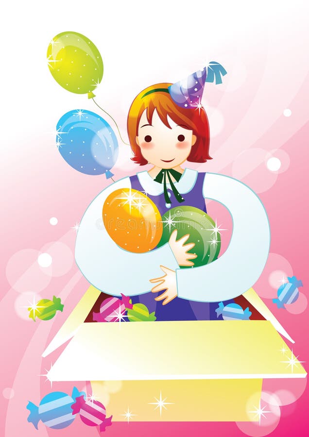 Girl in a Box with Balloons. Vector Illustration Decorative Design ...
