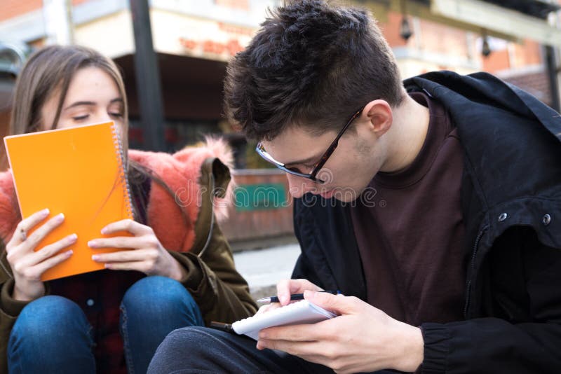 Girl and Boy Collage Students with Notebook Stock Image - Image of ...