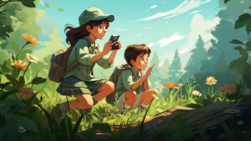 Girl and Boy in the Forest with a Backpack and a Map Stock Illustration ...