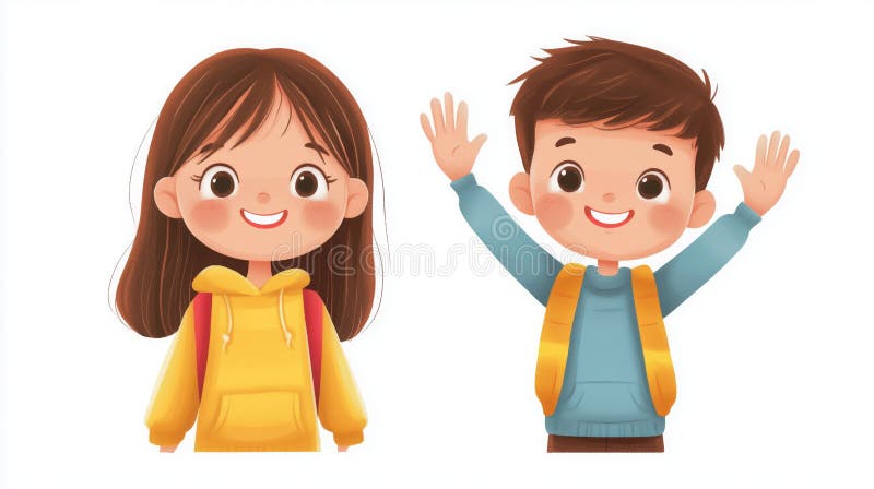 A Girl and Boy Joyfully Waving Hello while Smiling Brightly Stock ...