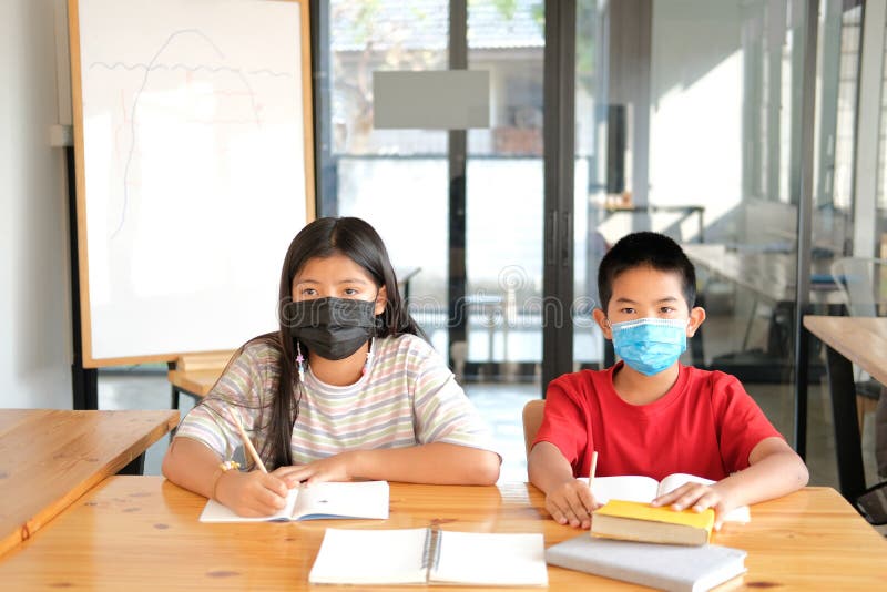 Girl Boy Student Wearing Face Mask Studying Writing Notes Doing ...