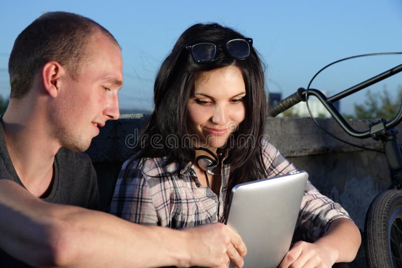 Girl and Boy with Tablet PC Stock Image - Image of close, internet ...