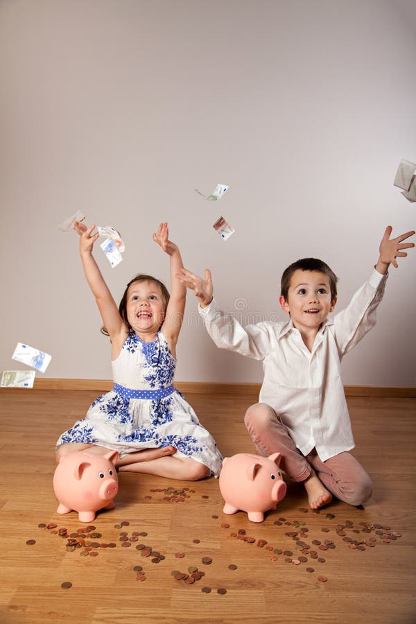Girl and Boy Throwing Banknotes Stock Image - Image of happiness, cute ...
