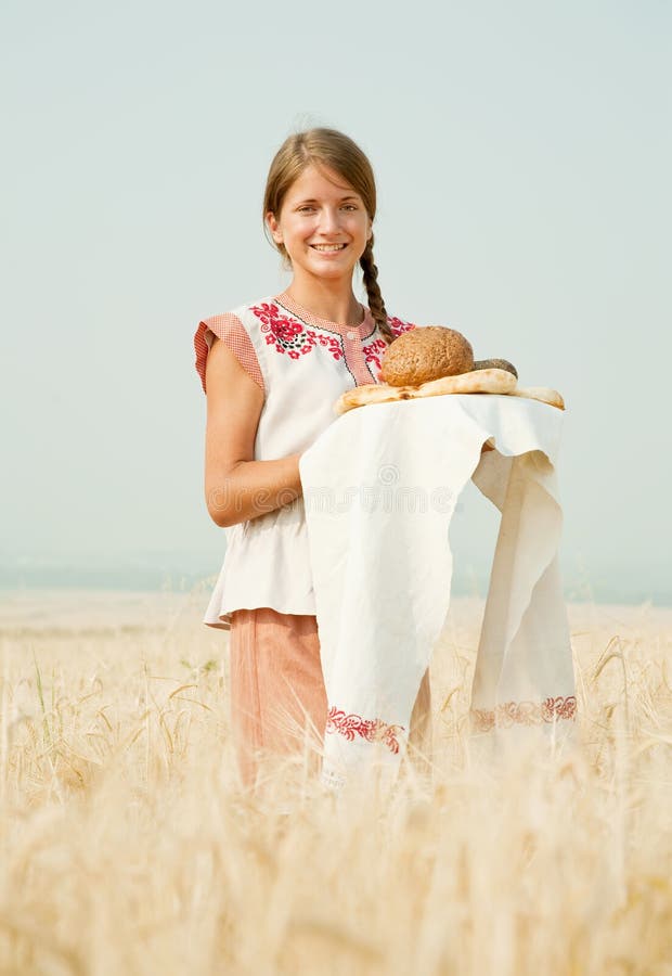 Girl with bread at field stock image. Image of meal, outdoors - 15349259