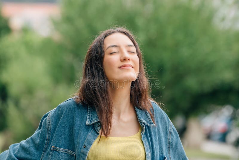 Girl Breathing Deeply Outdoors Stock Image - Image of feeling, deeply ...