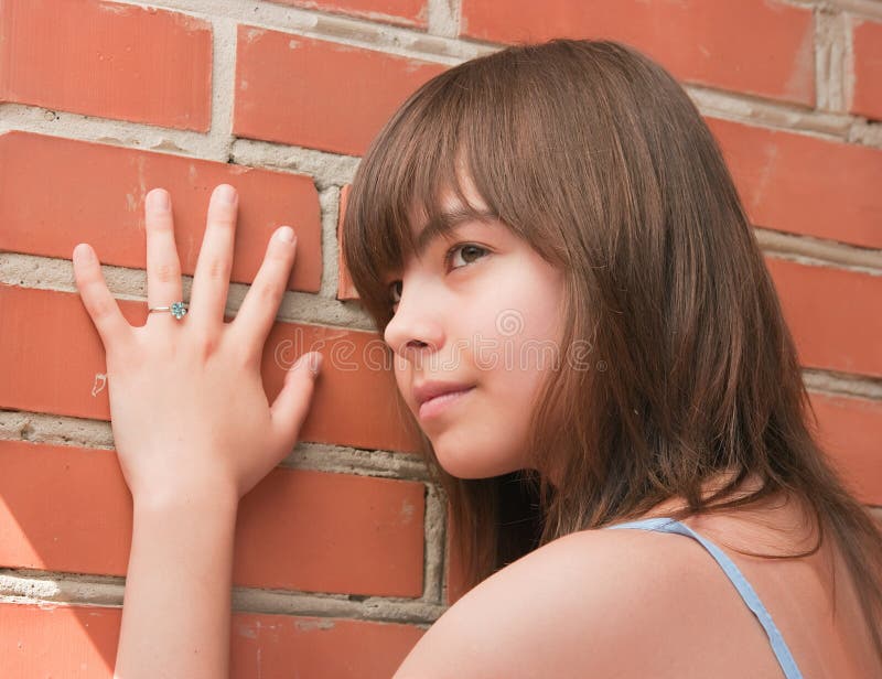 The girl at a brick wall stock image. Image of female - 11321843