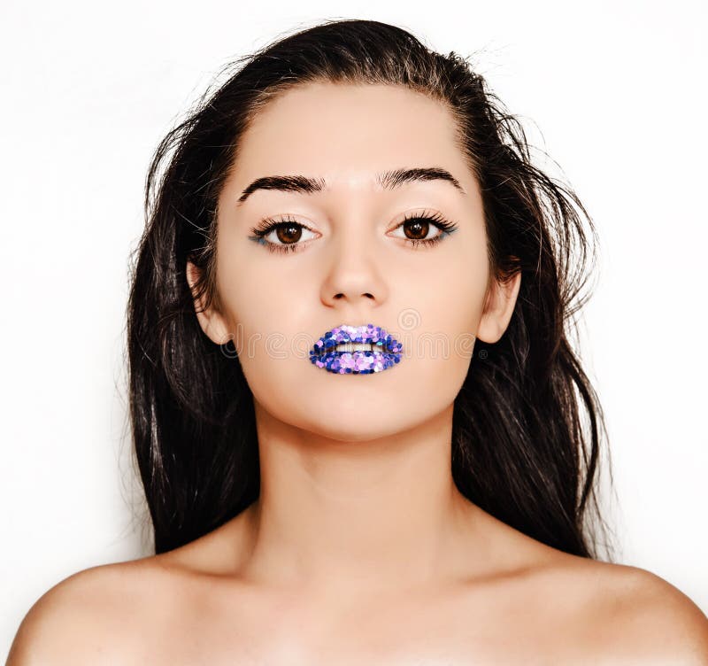 Girl with bright blue lips stock photo. Image of shiny - 45422002