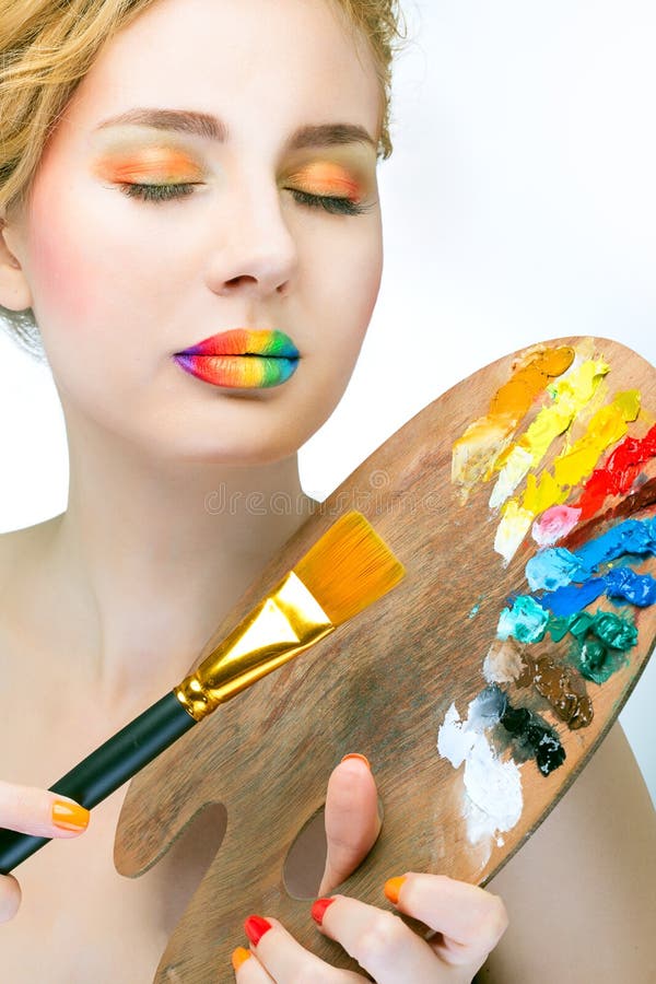 Portrait of the Bright Beautiful Girl with Art Stock Image - Image of ...