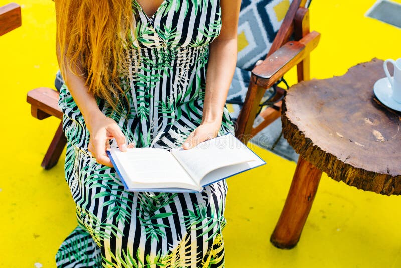 Girl in a Bright Dress is Reading a Book Stock Photo - Image of person ...