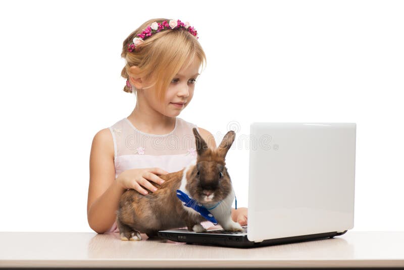 Girl and Brown Bunny with the Computer Stock Photo - Image of ...