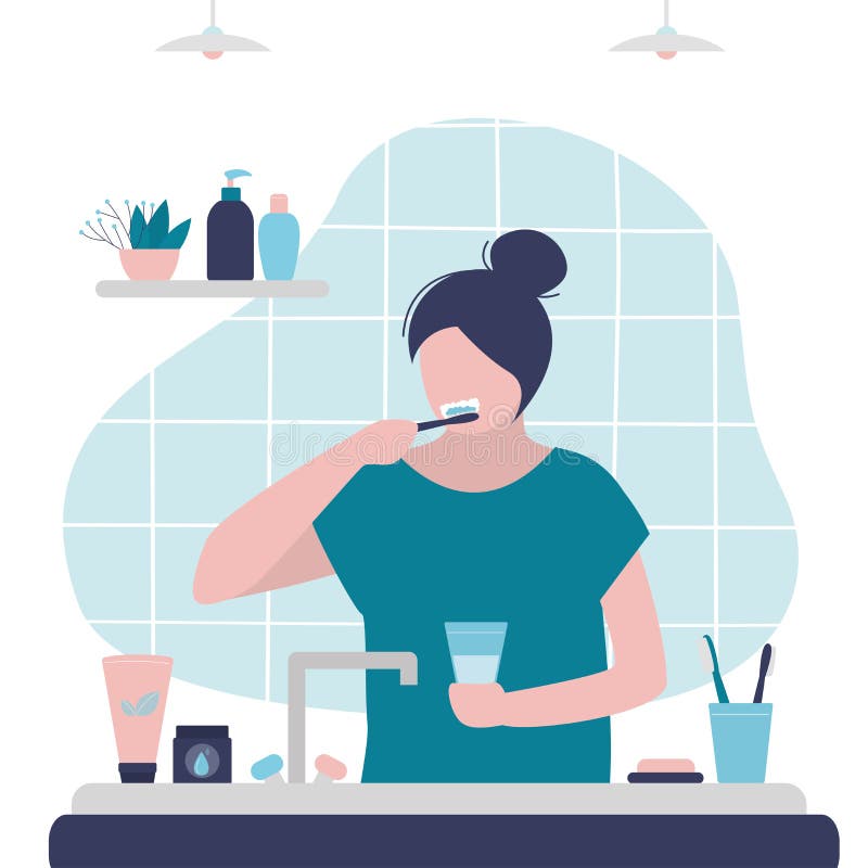 Girl Brushing Teeth In Bathroom Female Character Holding Toothbrush