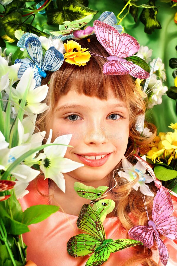 Girl with Butterfly and Flower on Green Grass. Stock Photo - Image of ...