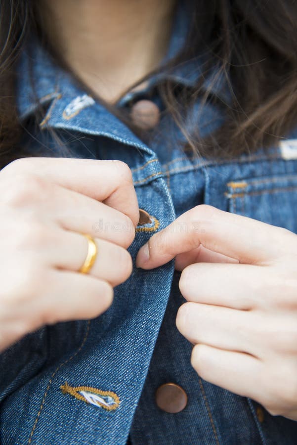 Girl is Button Up Her Denim Jacket Stock Image - Image of jacket ...