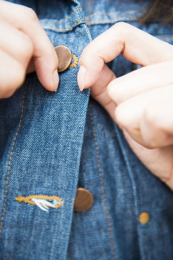 Girl is Button Up Her Denim Jacket Stock Image - Image of denim, jeans ...
