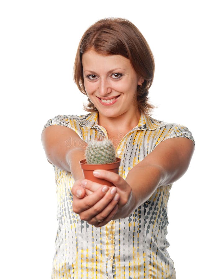 Girl with a cactus stock image. Image of spiny, cactus - 15242777