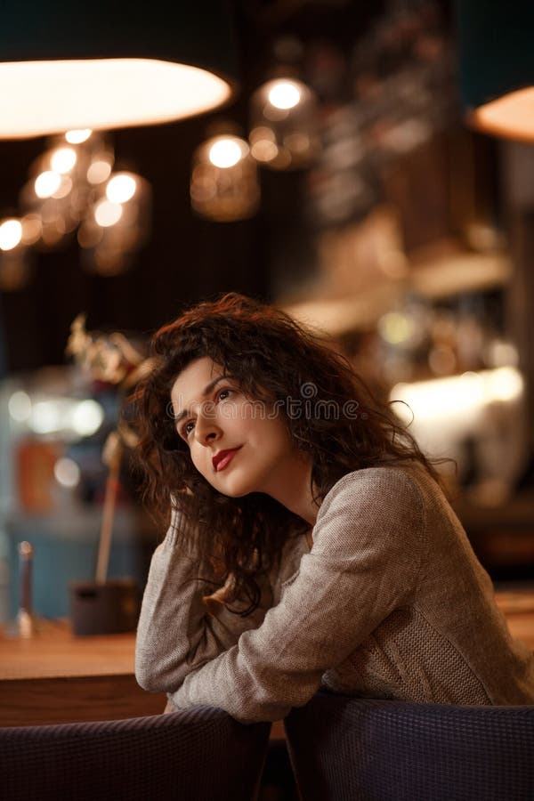 Girl in cafe stock photo. Image of mood, brunette, cute - 103926594