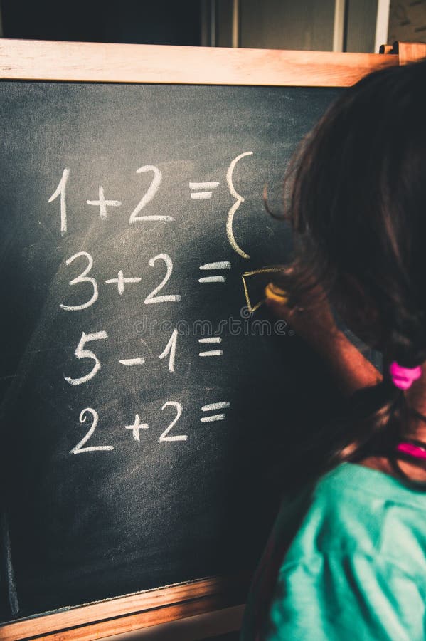 Girl Calculating by Fingers To Write the Answer on Chalkboard Stock ...
