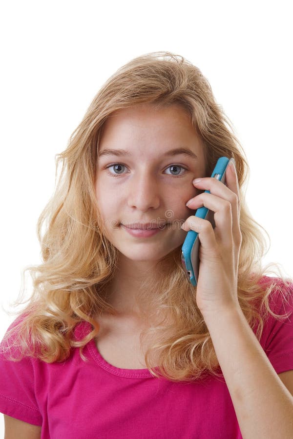 Girl is Calling on Mobile Phone Over White Background Stock Photo ...