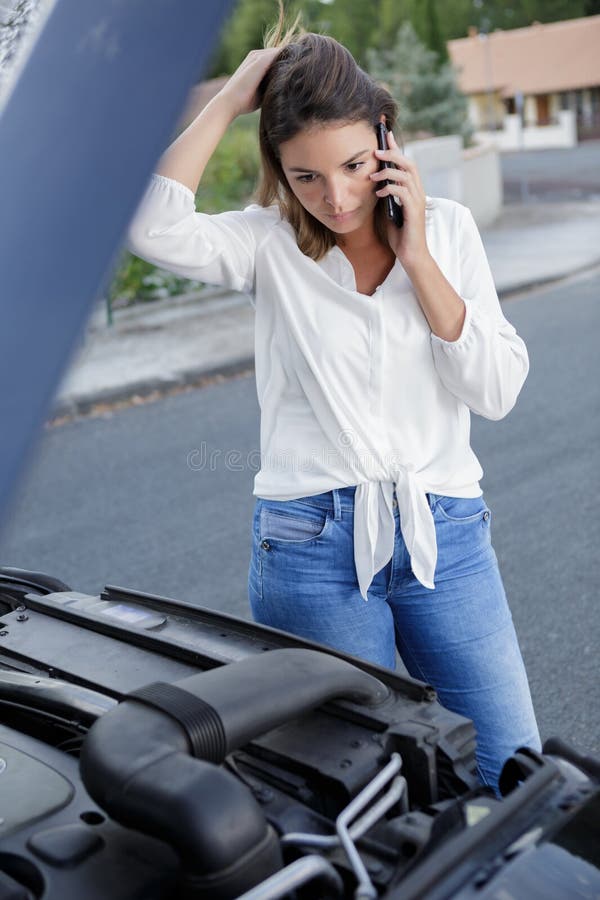 Girl Calls Car Insurance Broken Car Stock Photo - Image of female ...