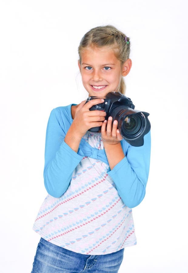 Girl with a Camera Big Lens. Stock Image - Image of face, beauty: 16418911