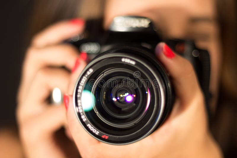 Girl with Camera, Closeup Lens Stock Image - Image of camera, closeup ...