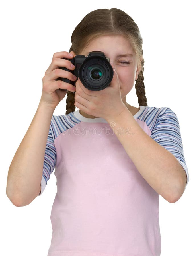 Girl with Camera Isolated on White Background Stock Image - Image of ...