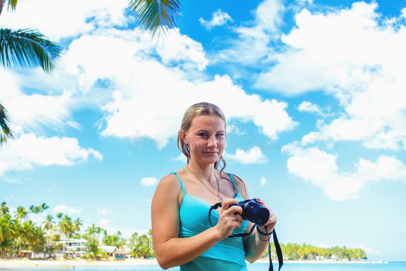 Girl with camera stock photo. Image of girl, beach, caucasian - 89413860