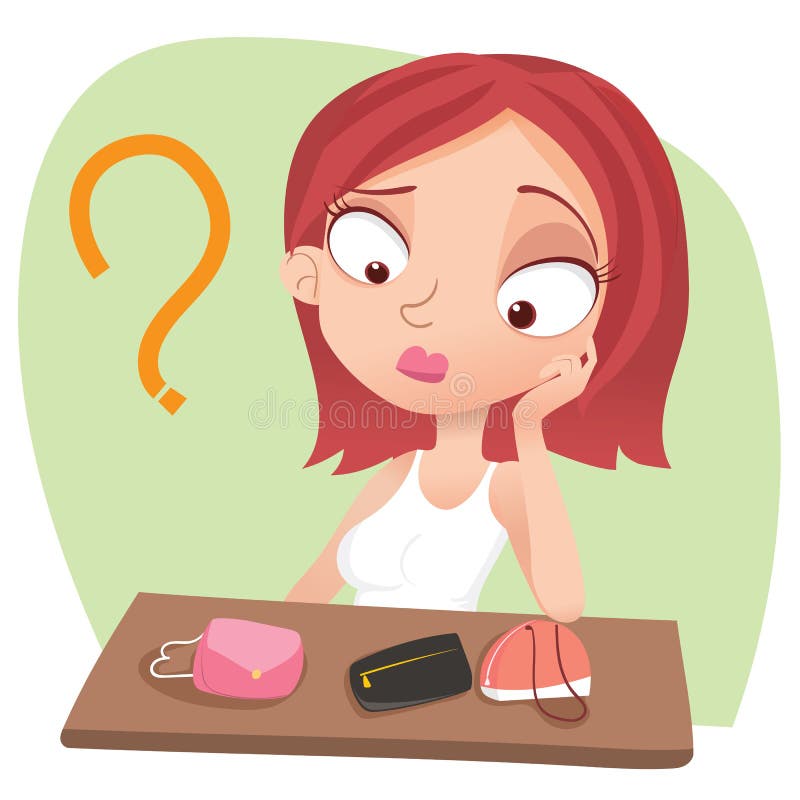 Girl Can Not Decide between Three Handbag Stock Vector - Illustration ...