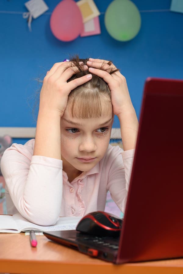 Girl Can Not Solve the Difficult Task of Studying Online Stock Image ...